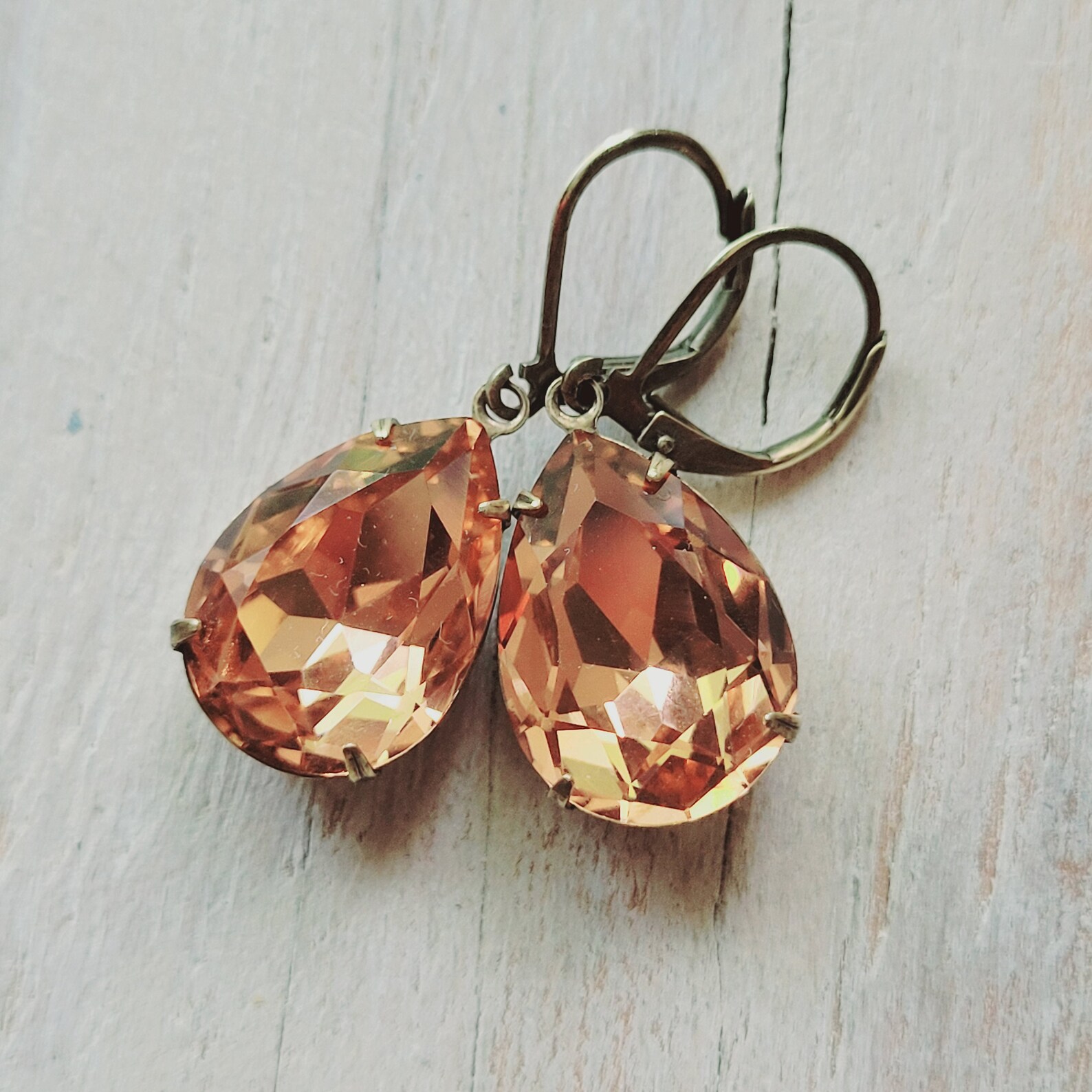 Padparadscha Pear Shape Crystal in Brass Setting, Lever Back Earrings ...