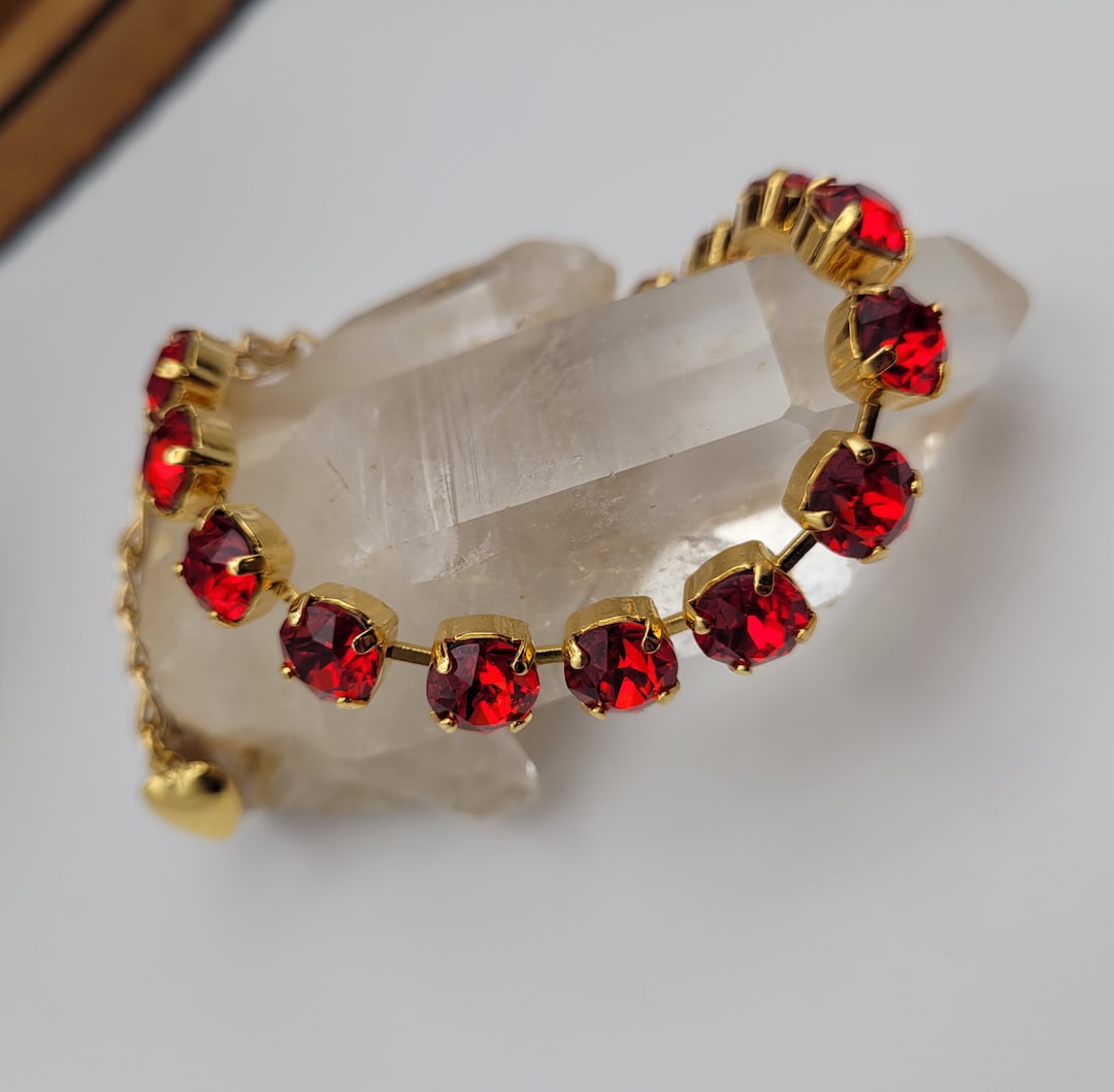 Red Crystal Bracelet Set in Gold Tone Setting, Light Siam Crystals, Red ...