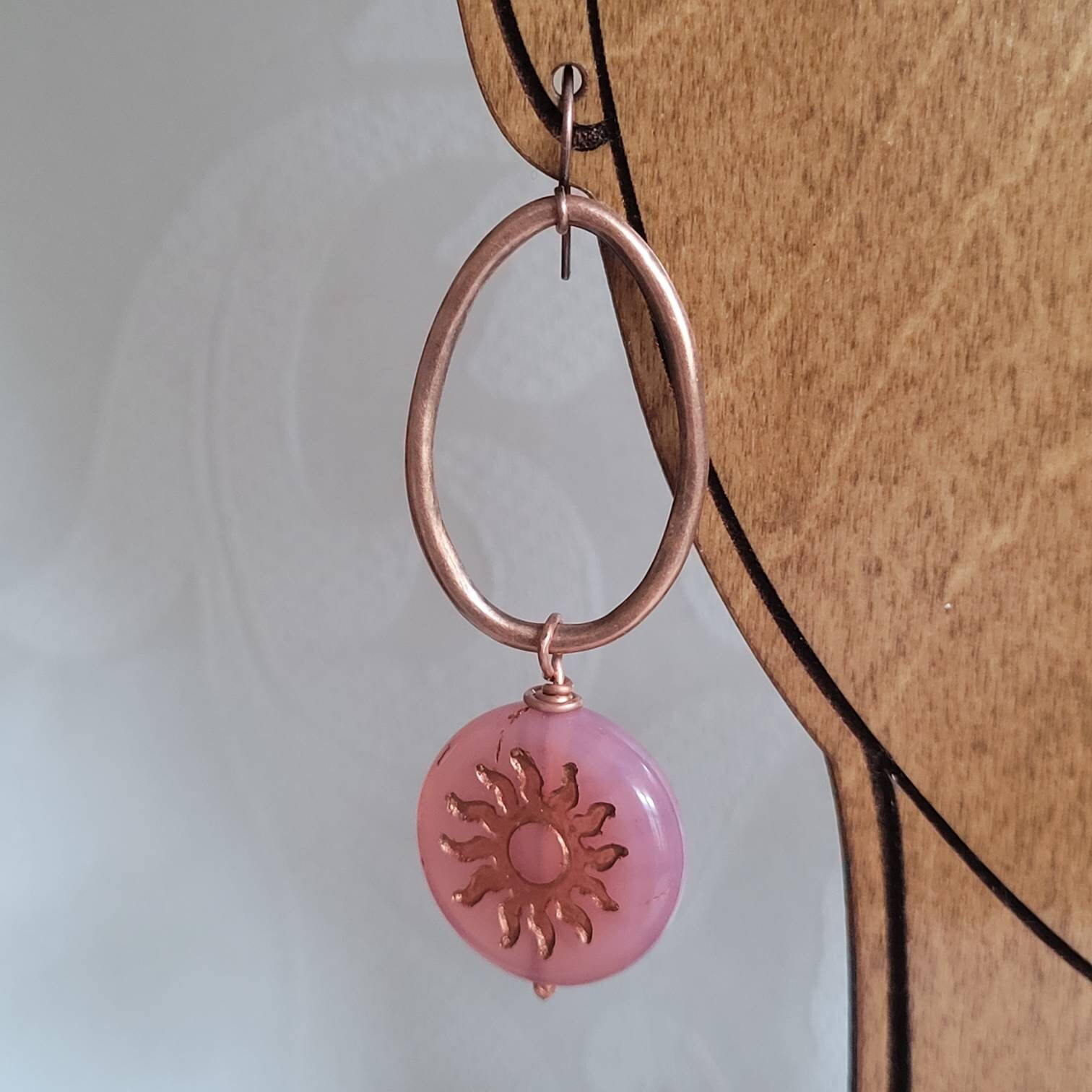 Dusty Rose and Copper Sun Earrings Copper Oval and Sun Czech - Etsy