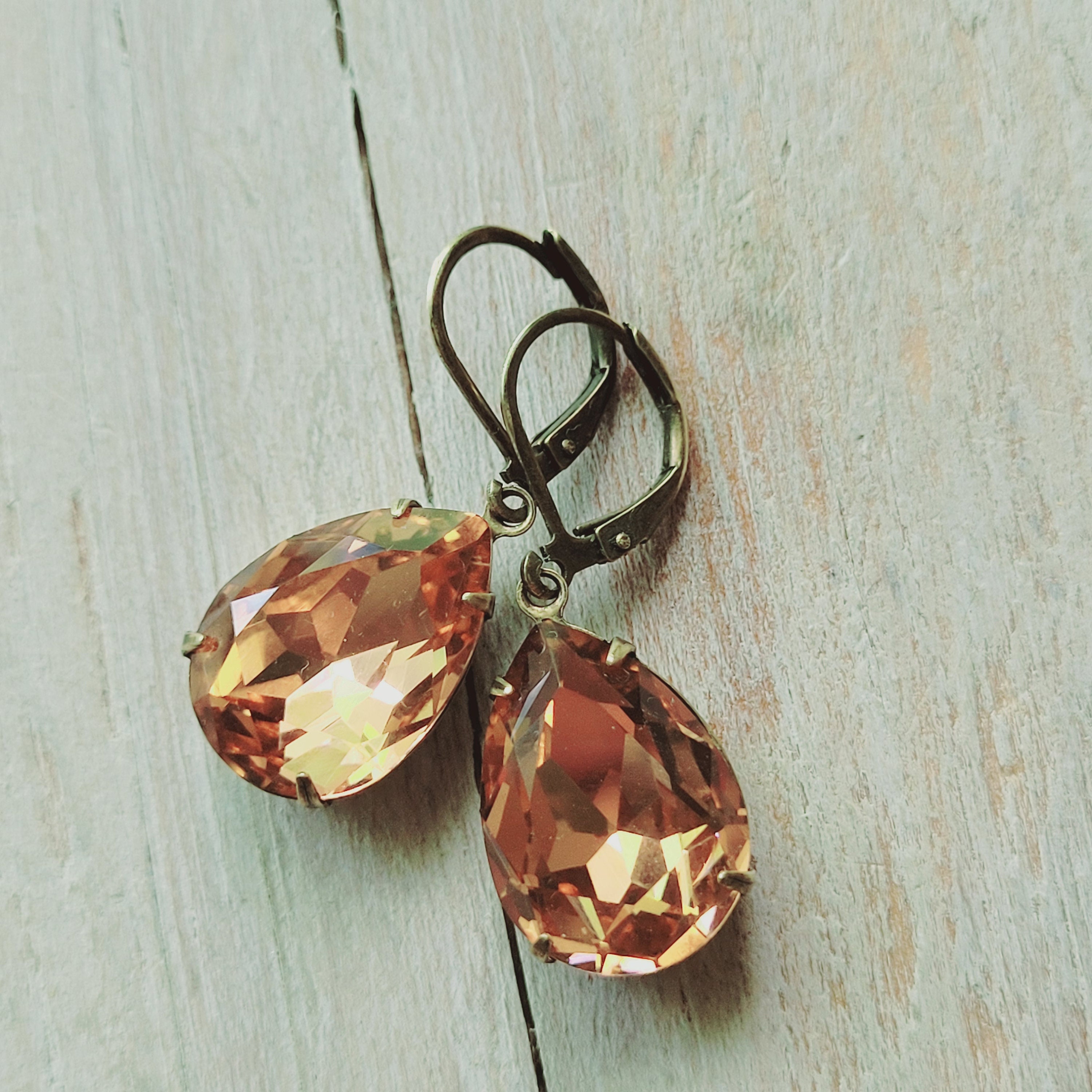 Padparadscha Pear Shape Crystal in Brass Setting, Lever Back Earrings ...