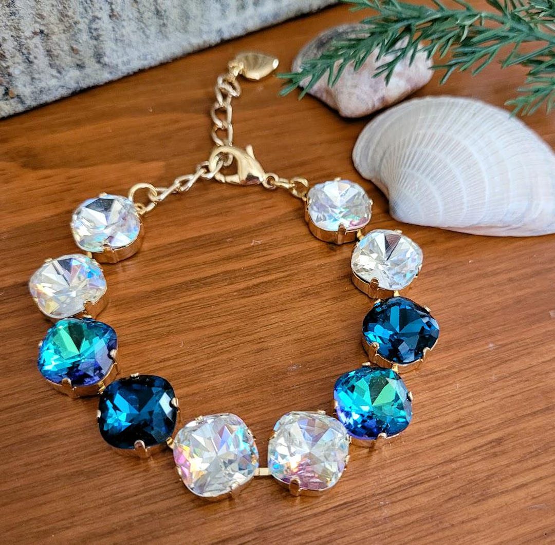 Cushion Cut Crystal Bracelet: Sphinx, Capri & Laser Crystals, Yellow Gold - Etsy