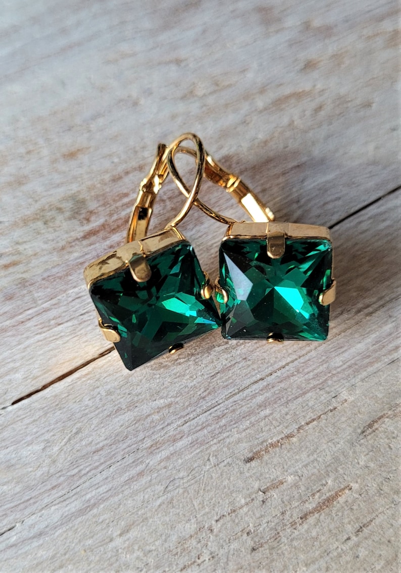 Emerald Green Square Earrings, Princess Cut Emerald Green Earrings Gold ...