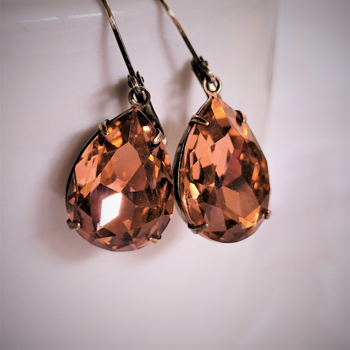 Padparadscha Pear Shape Crystal in Brass Setting, Lever Back Earrings ...