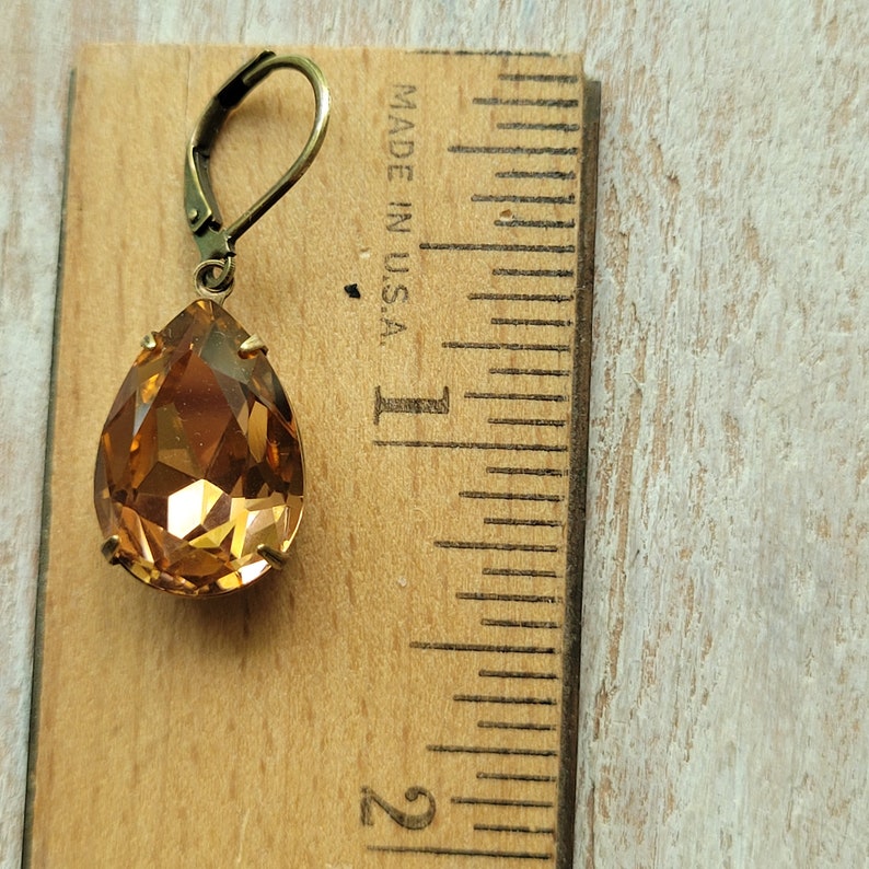 Padparadscha Pear Shape Crystal in Brass Setting, Lever Back Earrings ...