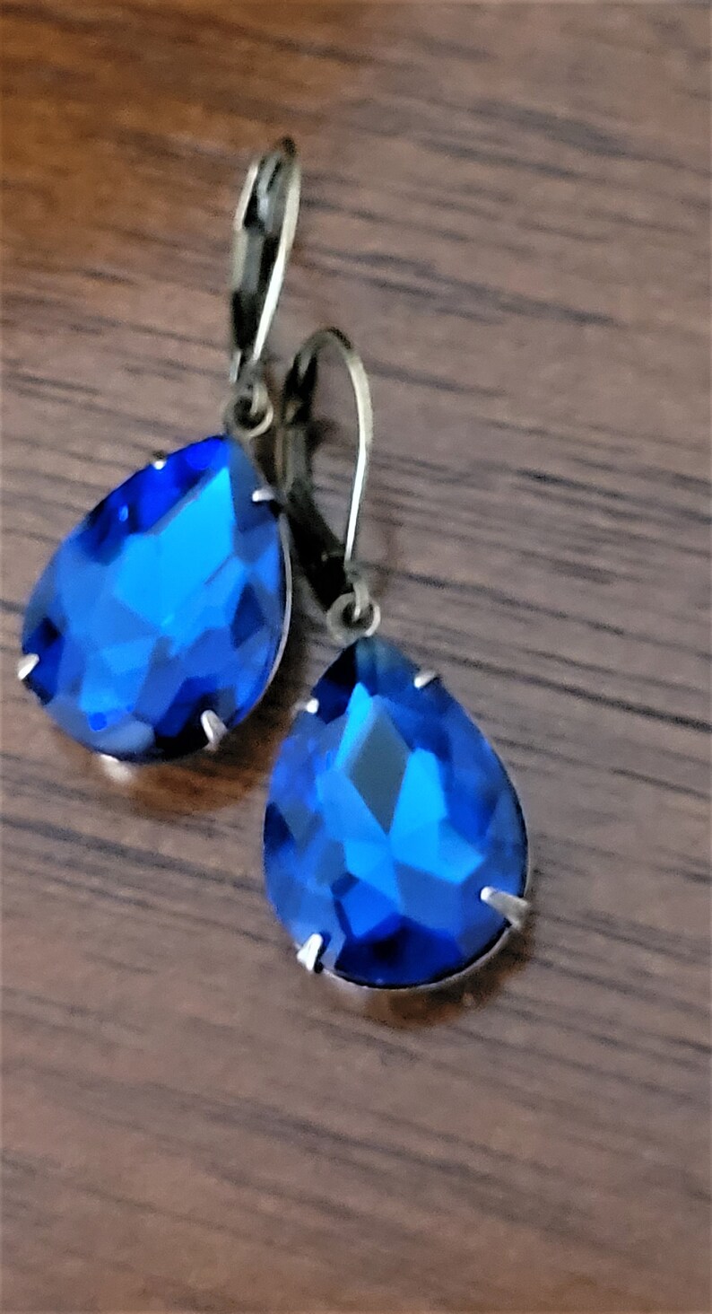 Blue Pear Shape Crystal in Brass Setting Lever Back - Etsy