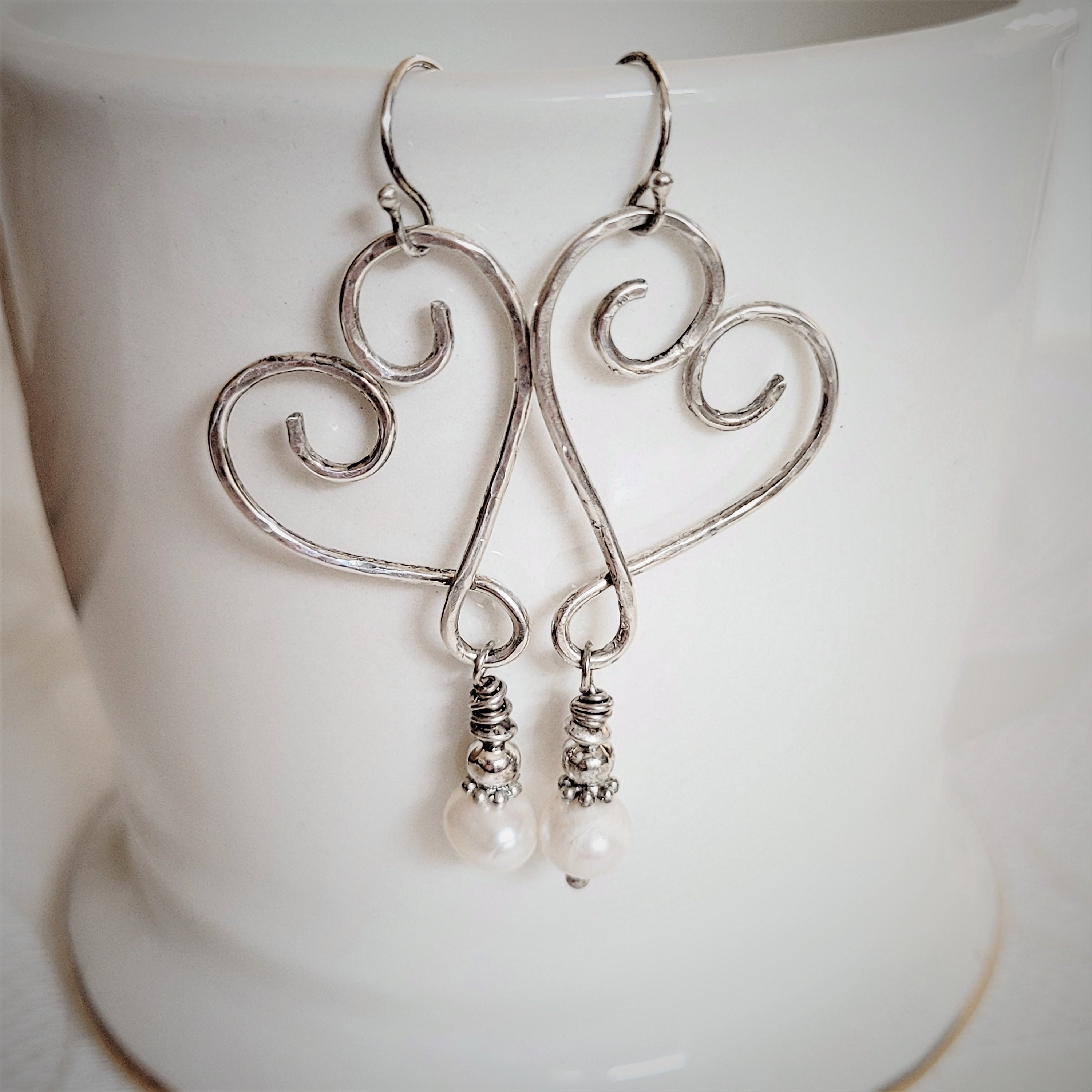 Sterling Silver Heart Earrings With Freshwater Pearl, Wedding Earrings ...