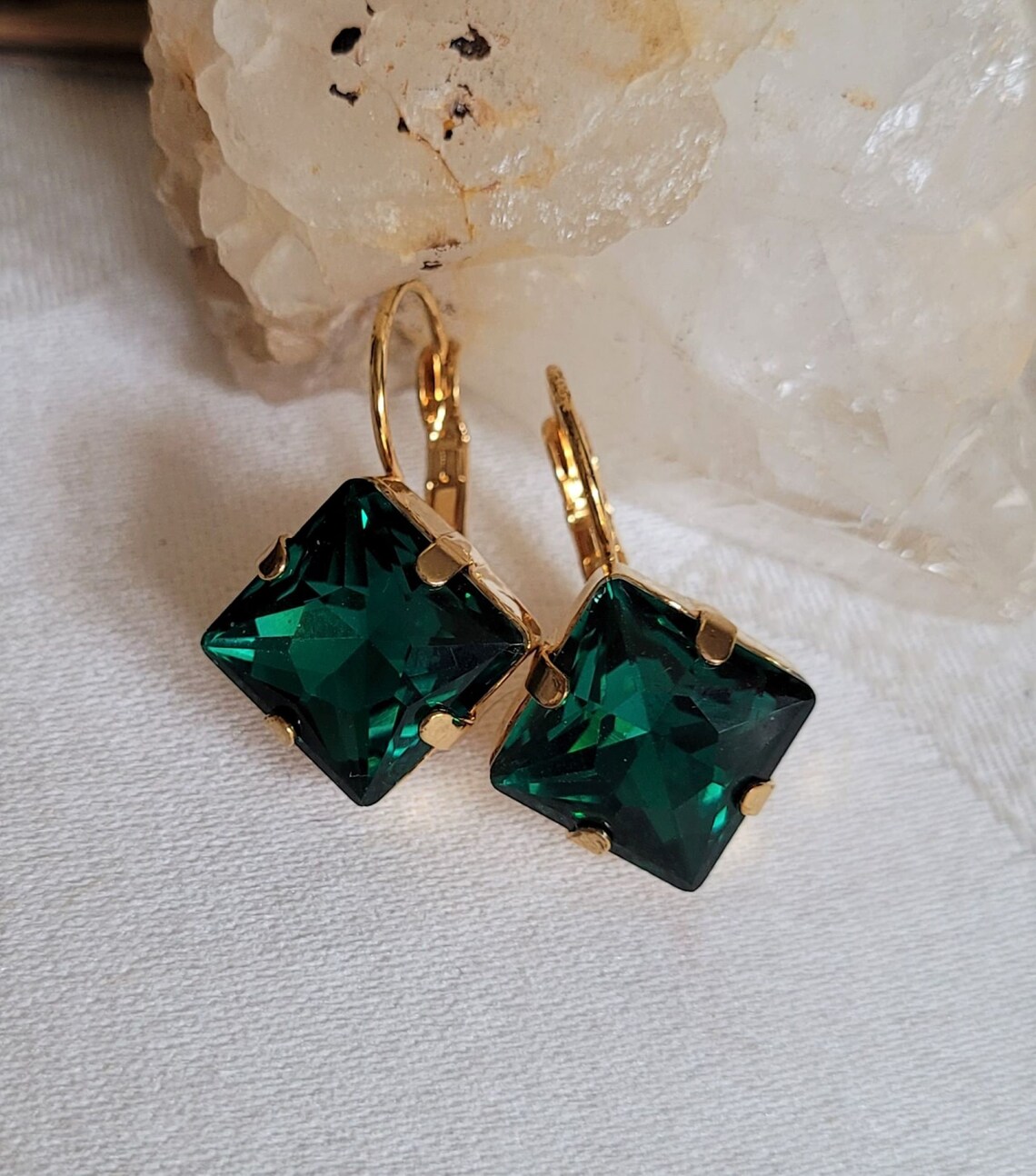 Emerald Green Square Earrings, Princess Cut Emerald Green Earrings Gold ...
