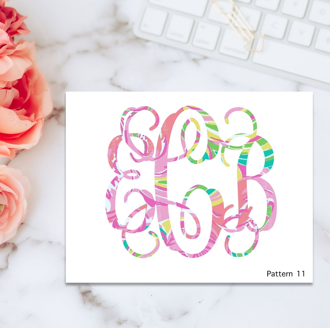 Patterned Vinyl Monogram Stickers, Floral Pink and Green Patterned ...