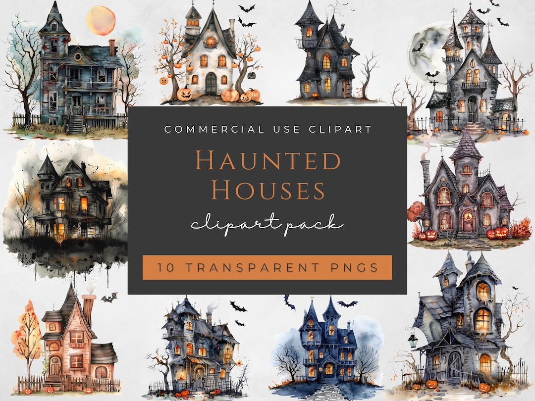 Watercolor Haunted House Clipart: Spooky Halloween PNG Graphics ...