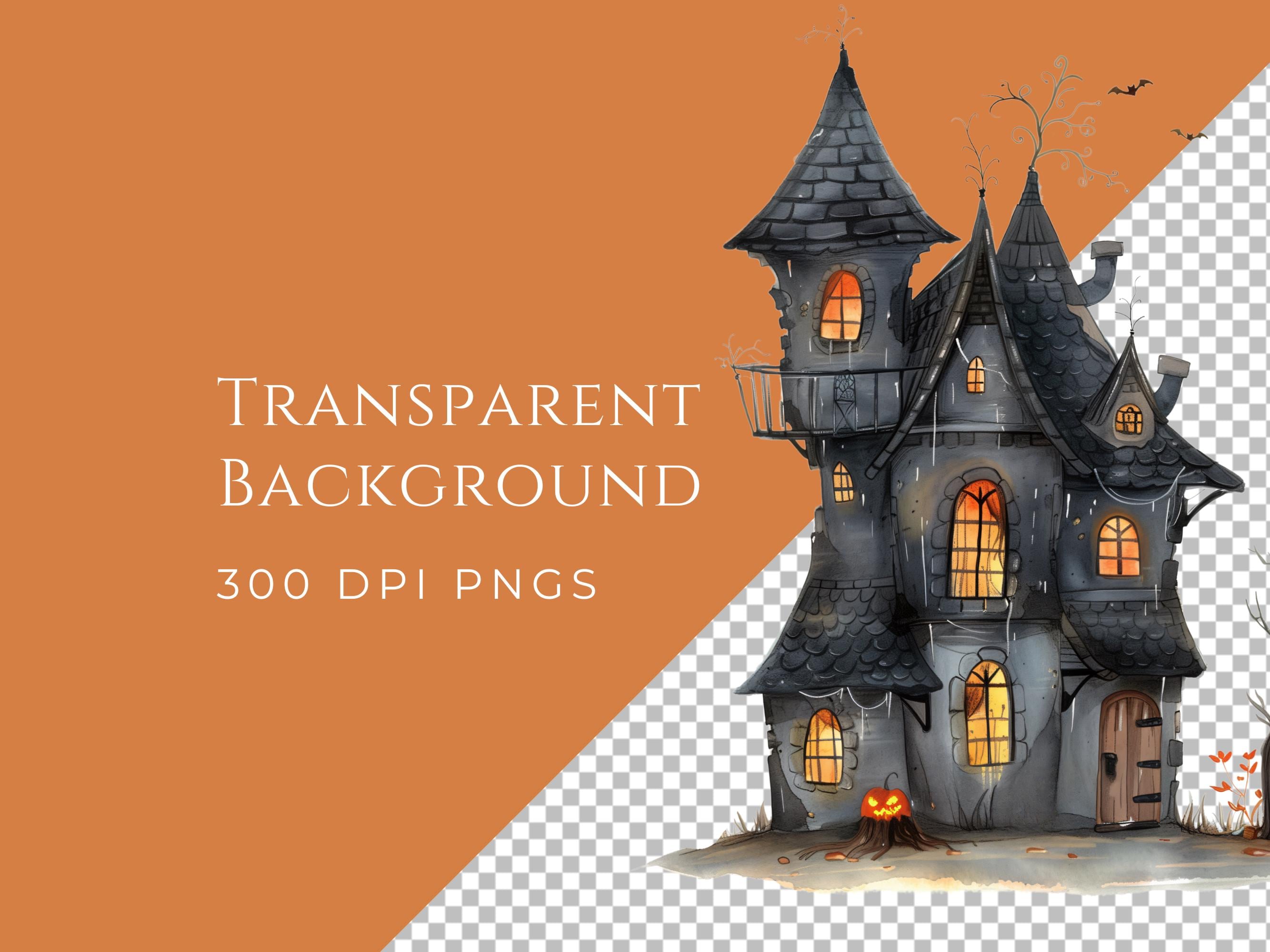 Watercolor Haunted House Clipart: Spooky Halloween PNG Graphics ...