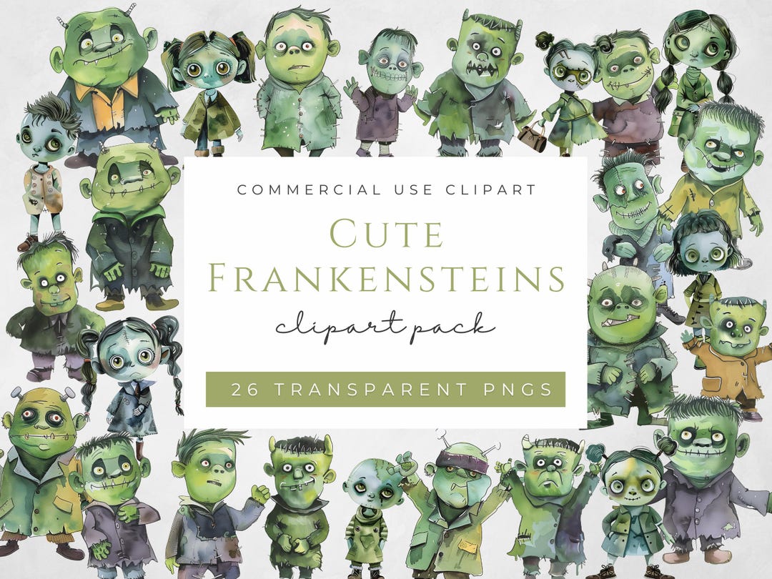 Frankenstein Watercolor Clip Art Cute Halloween Graphics Set of 26 ...