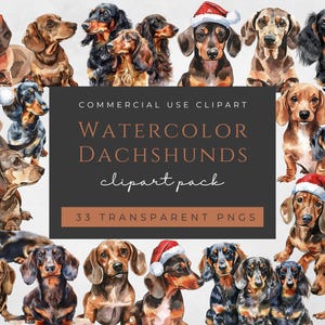 Watercolor Dachshund Christmas Clipart: 33 PNG Dog Illustrations ...