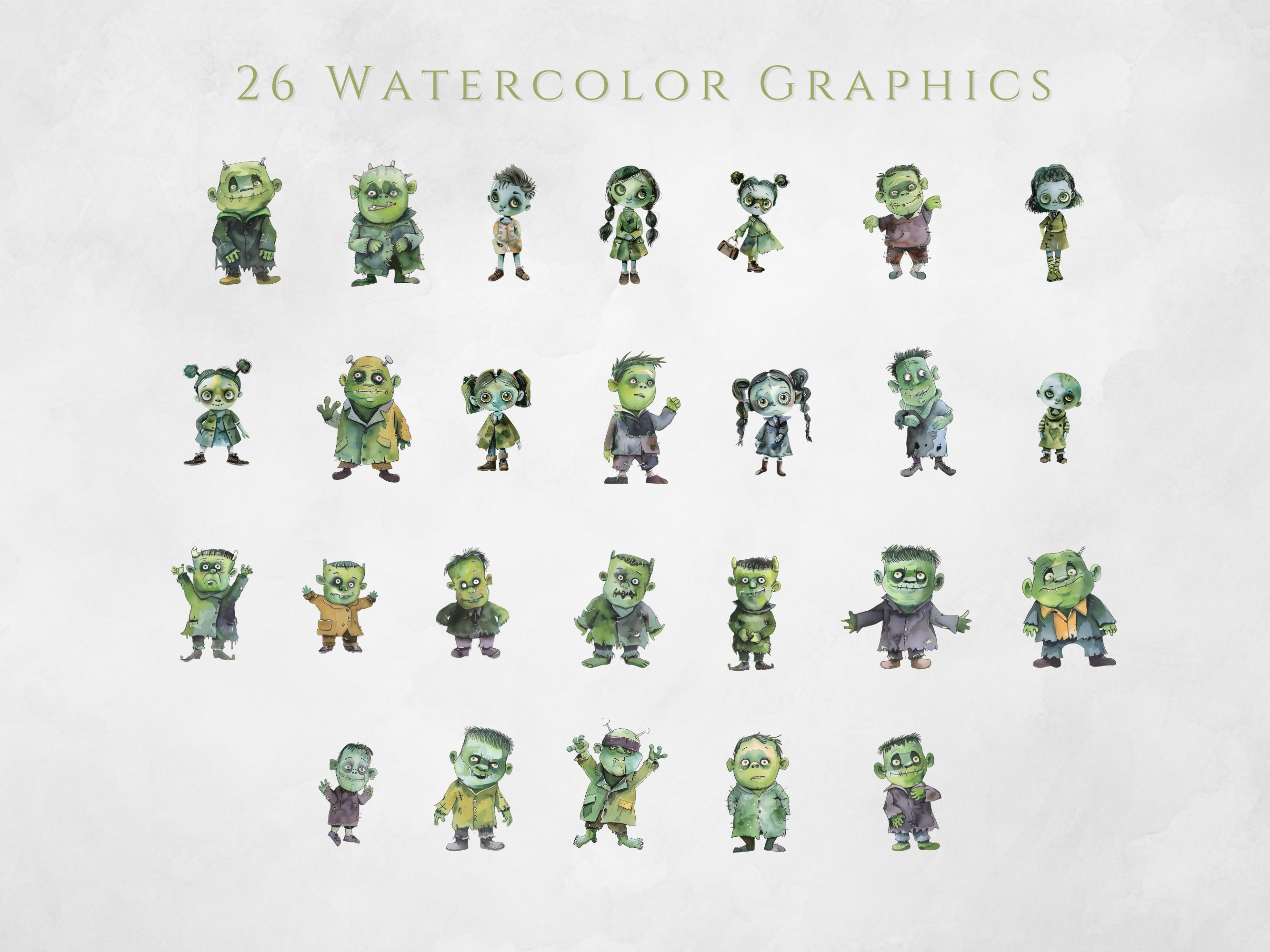 Frankenstein Clipart Watercolor 26 Spooky Halloween Cute Monster PNG ...