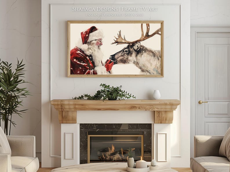 Frame TV Art Christmas Vintage Santa Reindeer Winter Merry Christmas ...
