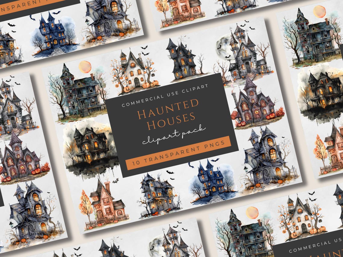 Watercolor Haunted House Clipart: Spooky Halloween PNG Graphics ...