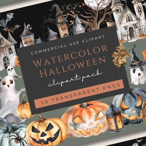 Halloween Clipart Watercolor 58 PNG Haunted House Ghost Pumpkin Cute ...