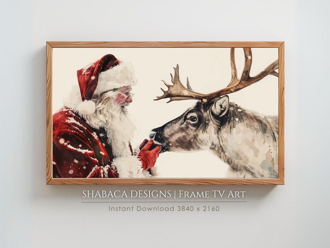 Frame TV Art Christmas Vintage Santa Reindeer Winter Merry Christmas ...