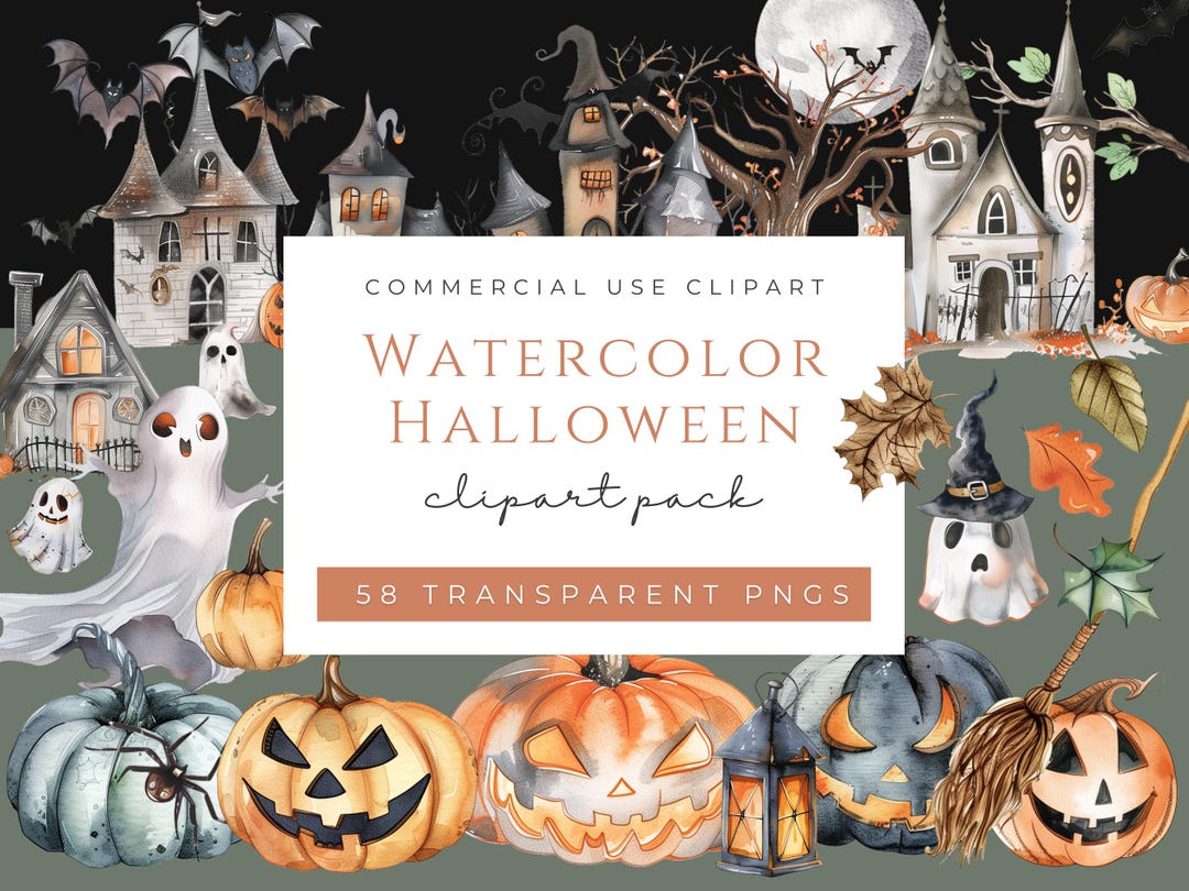 Watercolor Halloween Clipart: 58 PNG Spooky Graphics (digital Download ...