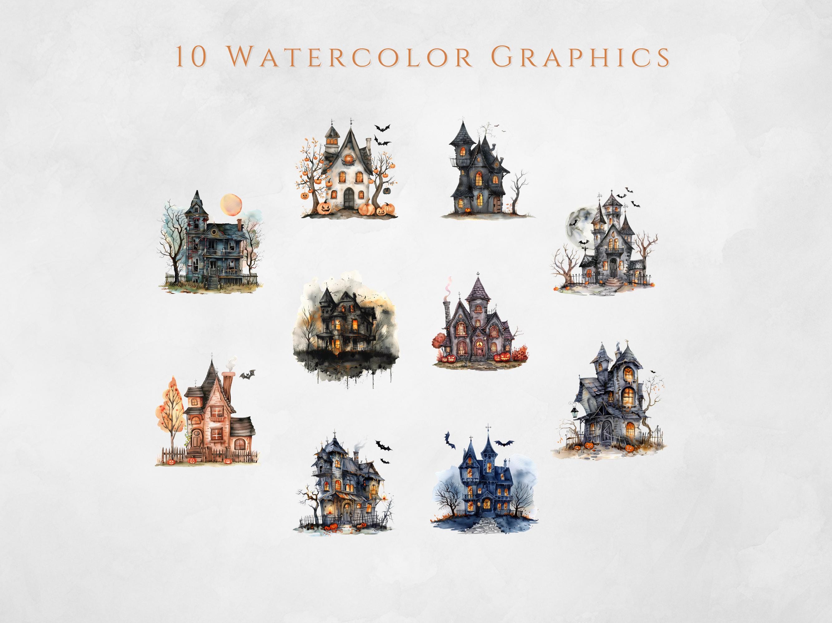 Watercolor Haunted House Clipart: Spooky Halloween PNG Graphics ...