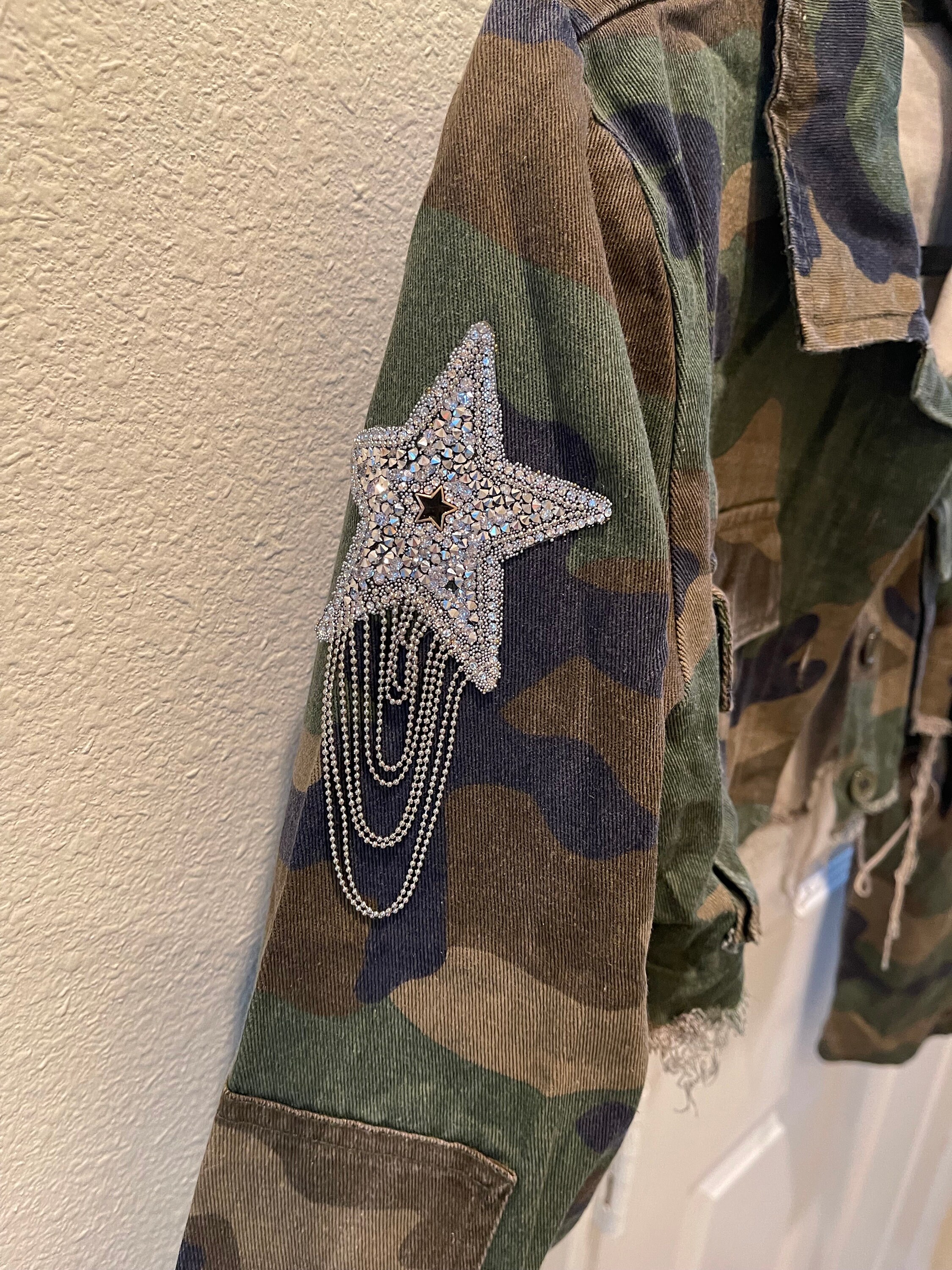 Customized Crop Denim Army Jacket Customized With Sequins Patches, Camo ...