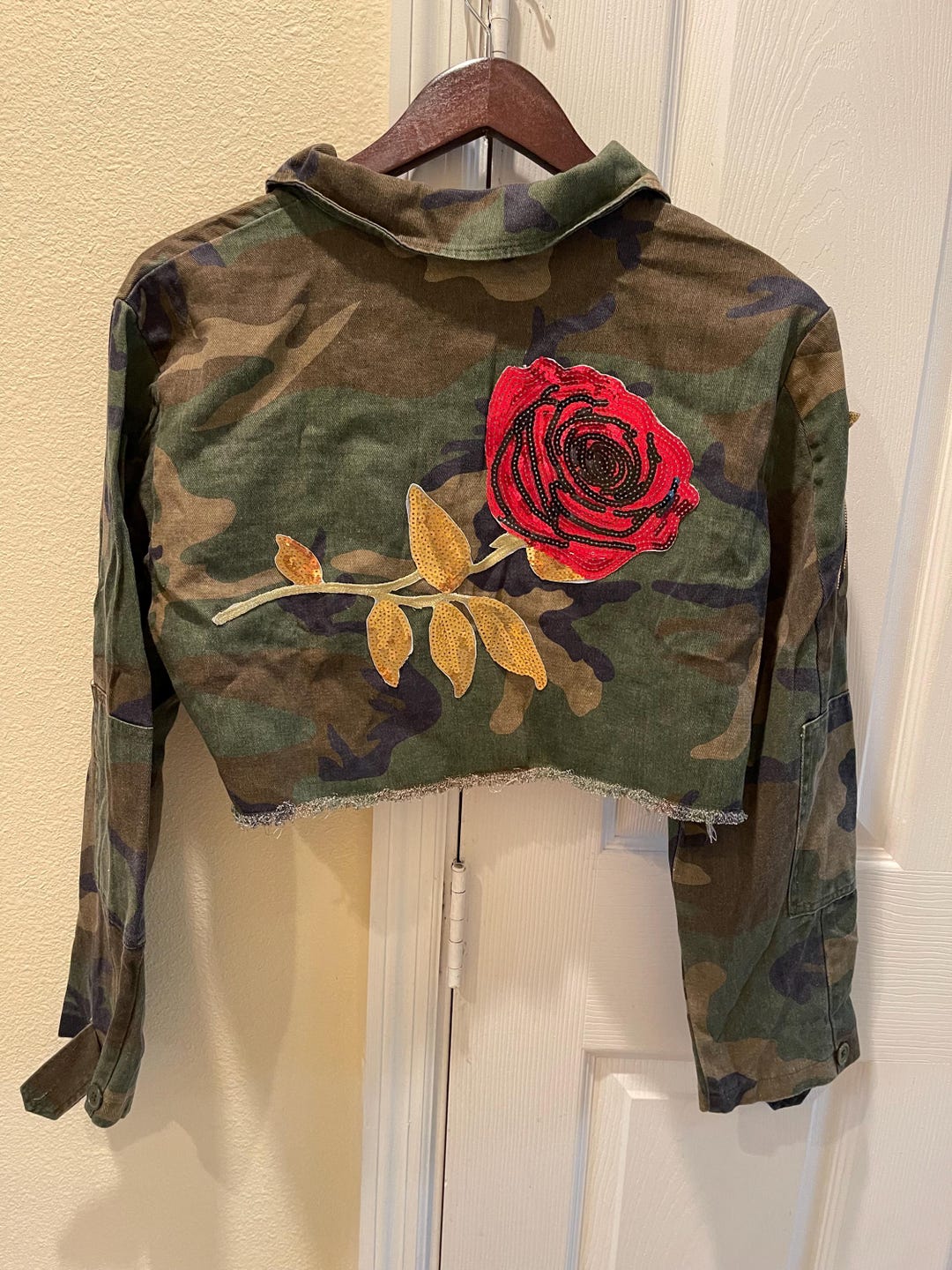 Customized Crop Denim Army Jacket Customized With Sequins Patches, Camo ...