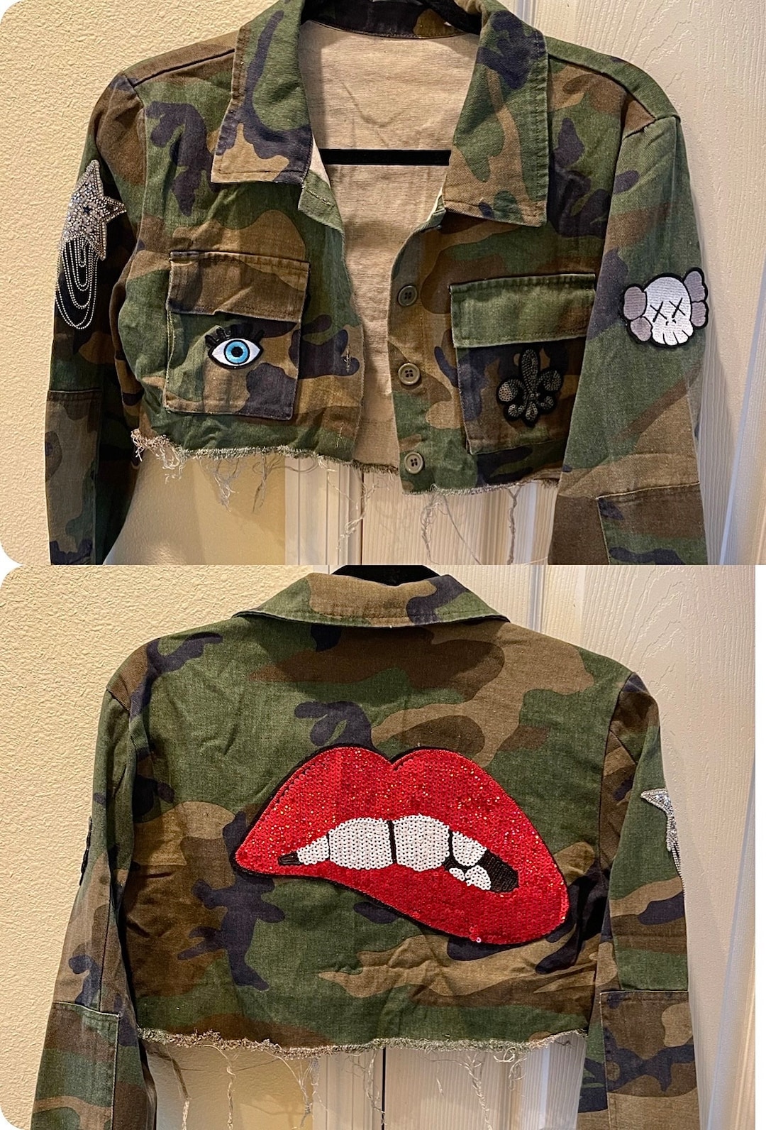 Customized Crop Denim Army Jacket Customized With Sequins Patches, Camo ...