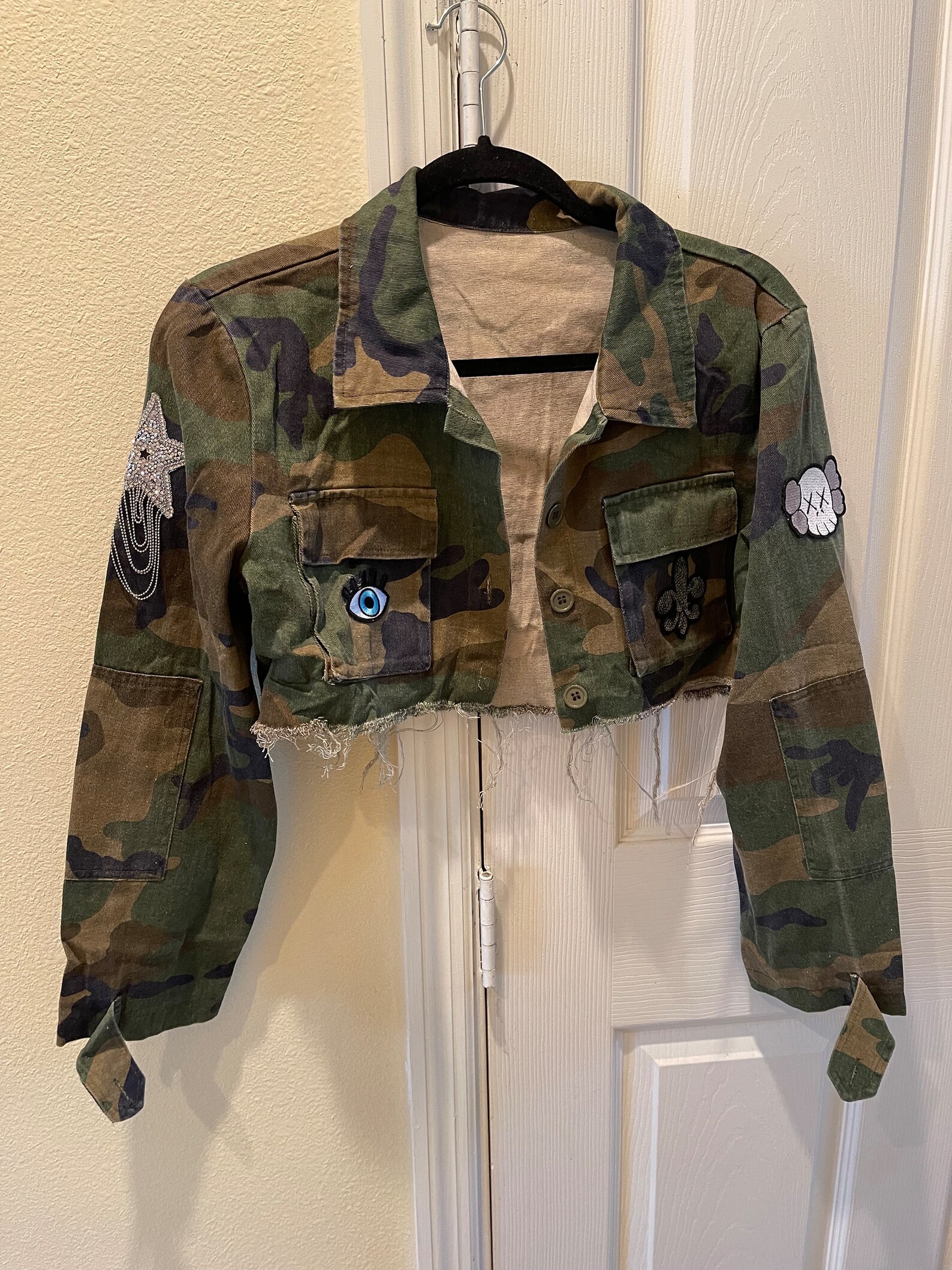 Customized Crop Denim Army Jacket Customized With Sequins Patches, Camo ...