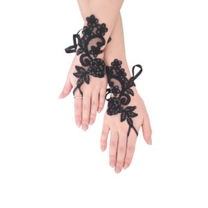 Black Rose Gothic Lace Fingerless Glove - Sparkling Black Sequins - Etsy