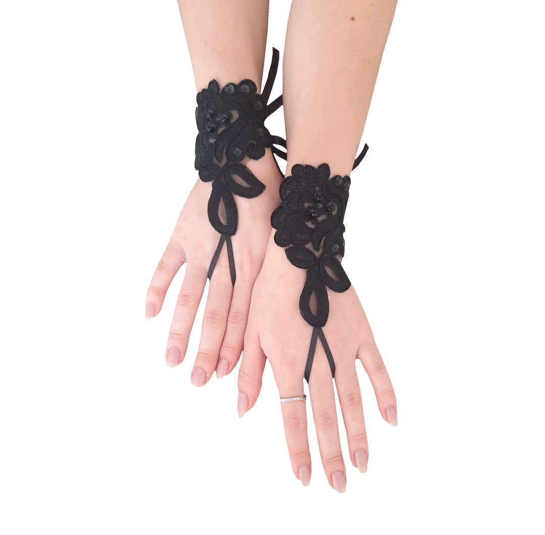 Black Gothic Lace Fingerless Gloves With Sequin and Bead Embellishments ...