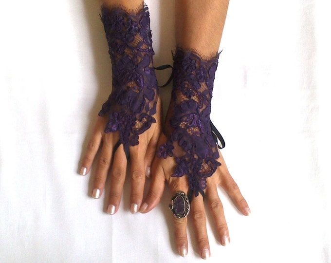 Goth Gothic Purple Lace Gloves French Lace Bridal Wedding Fingerless ...