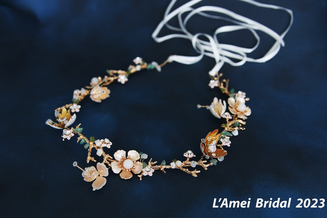 Small Gold Flower With Gold Leaf and Pearl Wedding Hair Vine ,gold ...