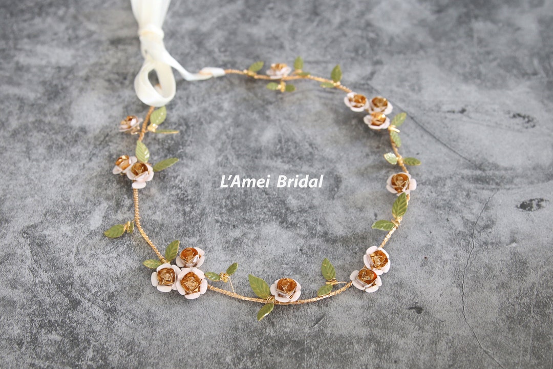 Cute Pink Small Flower Crown, Floral Bridal Headdress, Gold Pink ...