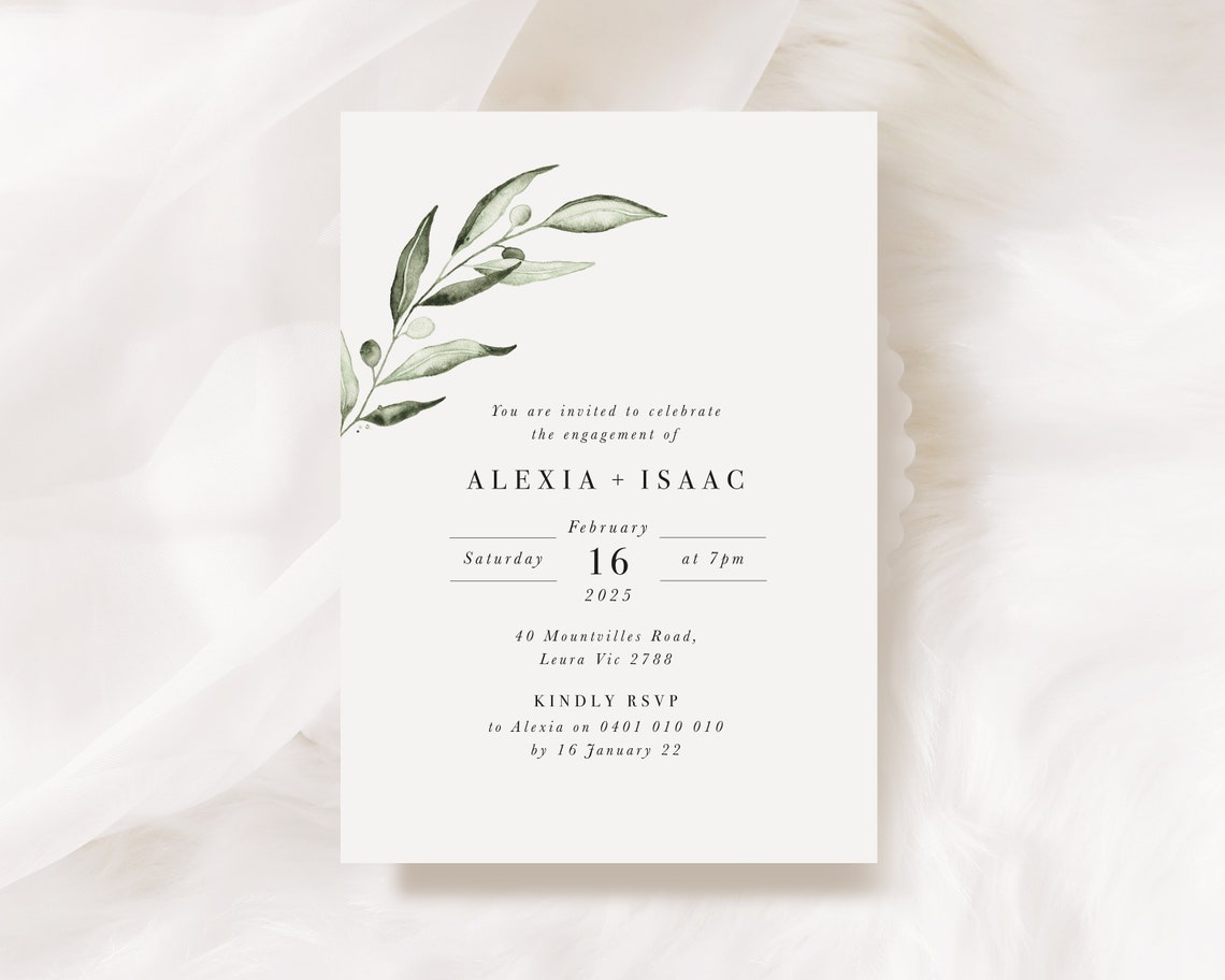 Greenery Engagement Invitation Template, Printable Invite, Green Leaves ...