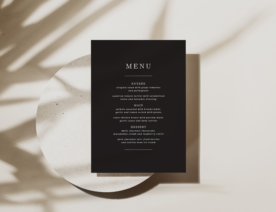 Modern Black Wedding Menu, Menu Card Template for Minimalist Wedding ...