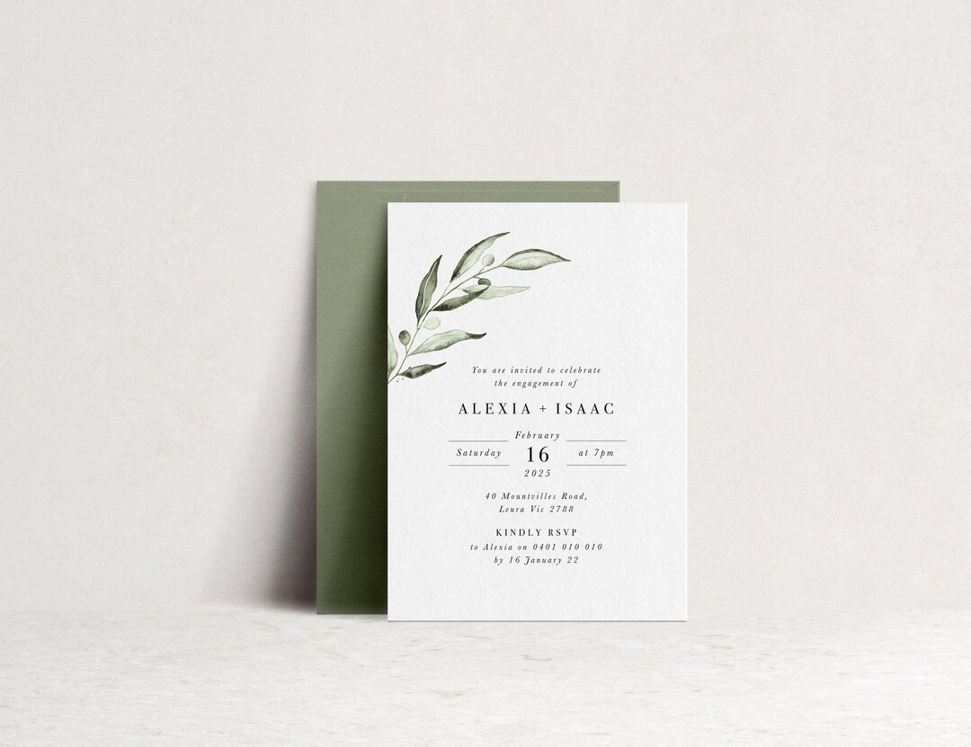 Greenery Engagement Invitation Template, Printable Invite, Green Leaves ...