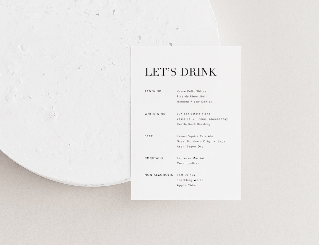 Carta de bebidas para boda moderna, Menú de bar para boda minimalista ...