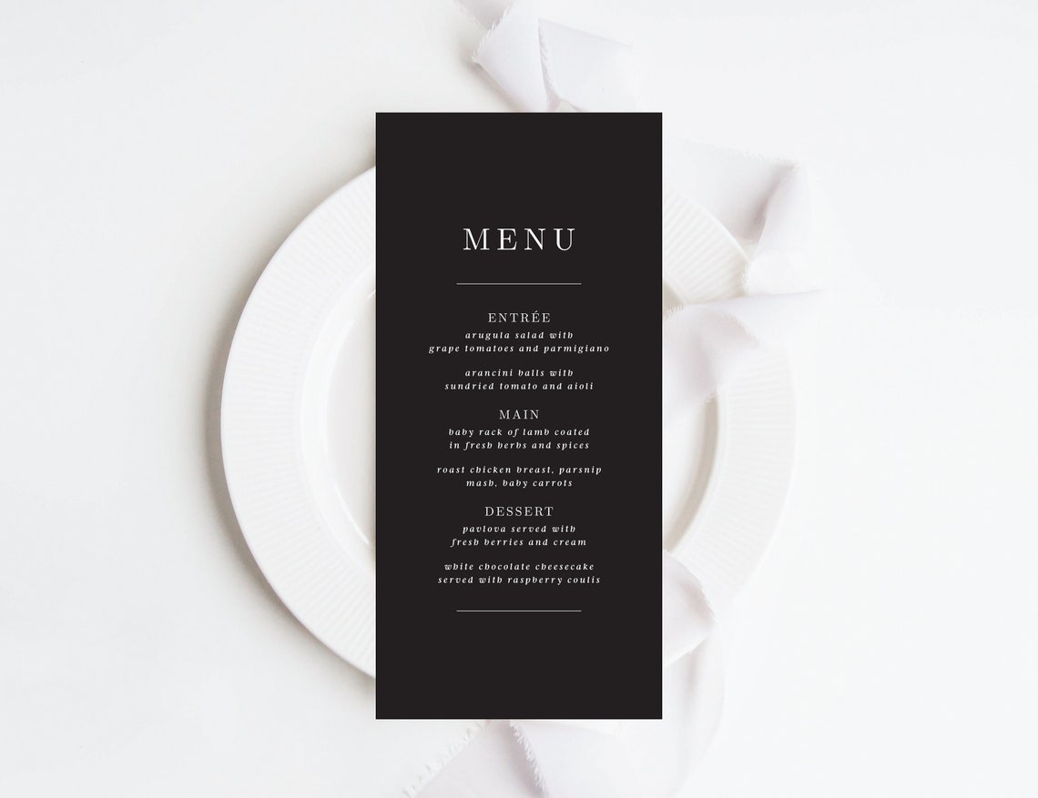 Modern Black Wedding Menu Menu Card Template for Minimalist - Etsy