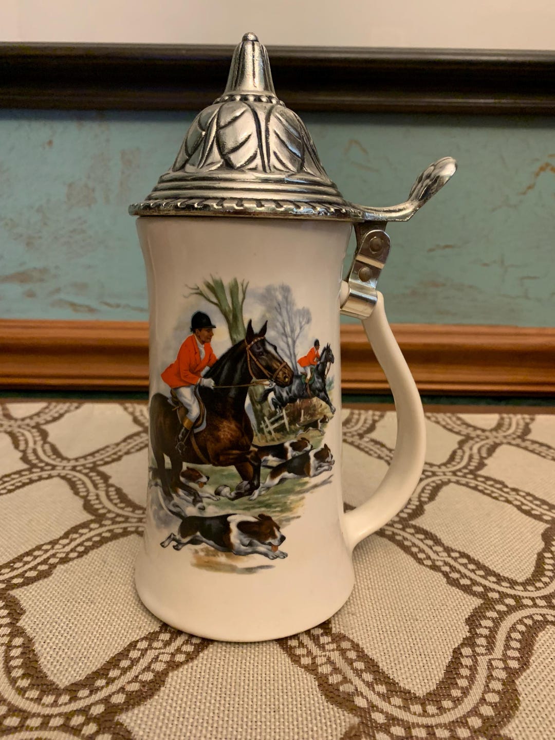 Vintage Art Pottery Nelson Mccoy Pottery Metal Lidded Fox Hunting ...