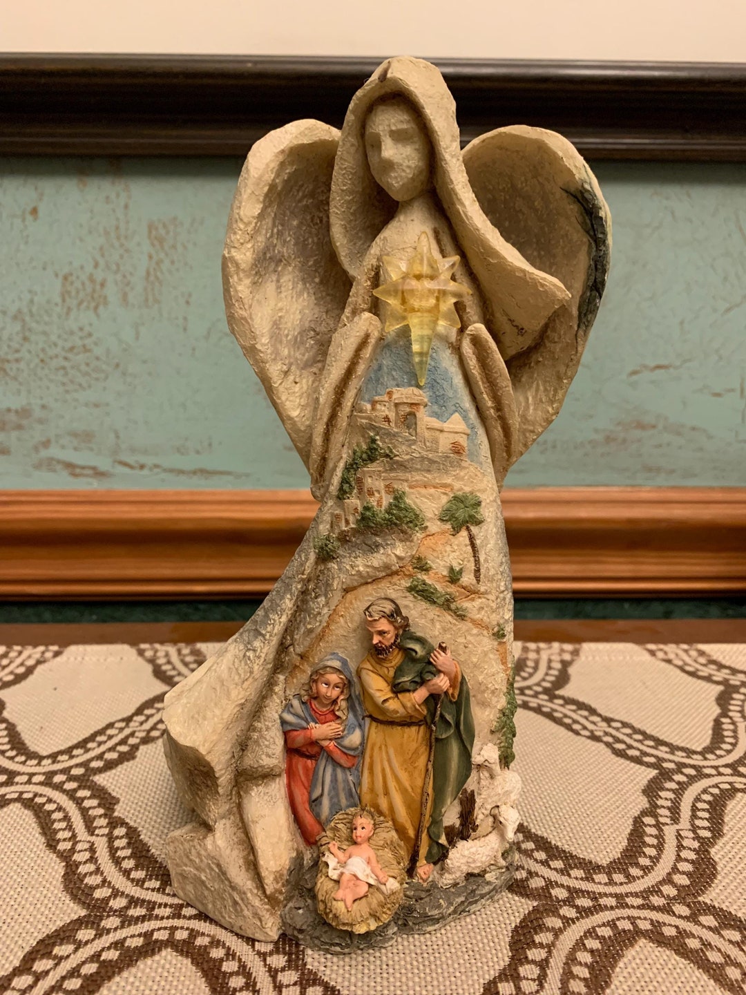 Vintage Angel Resin Statue With Bethlehem & Holy Family Birth of Christ ...