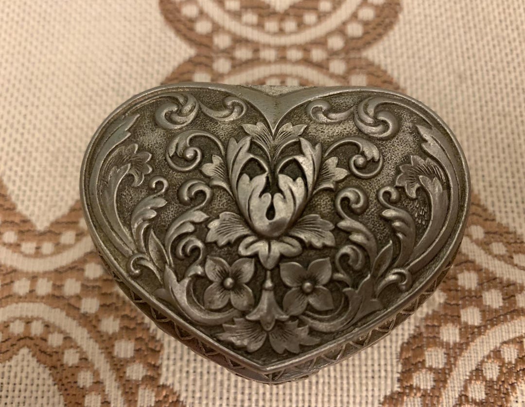 Vintage Japan Heart-shaped Raised Relief Ornate Floral Design Pewter ...