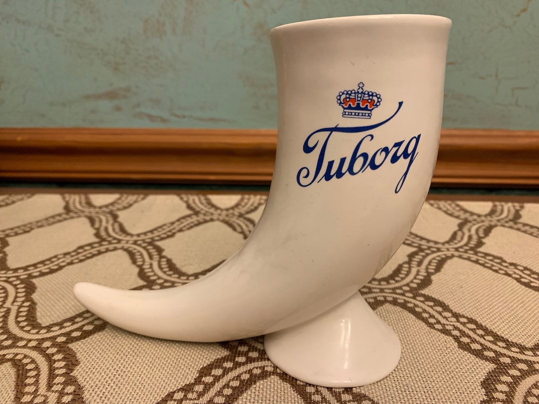 Vintage Tuborg Crown Logo White Ceramic Pedestal Horn Shaped Beer Stein ...