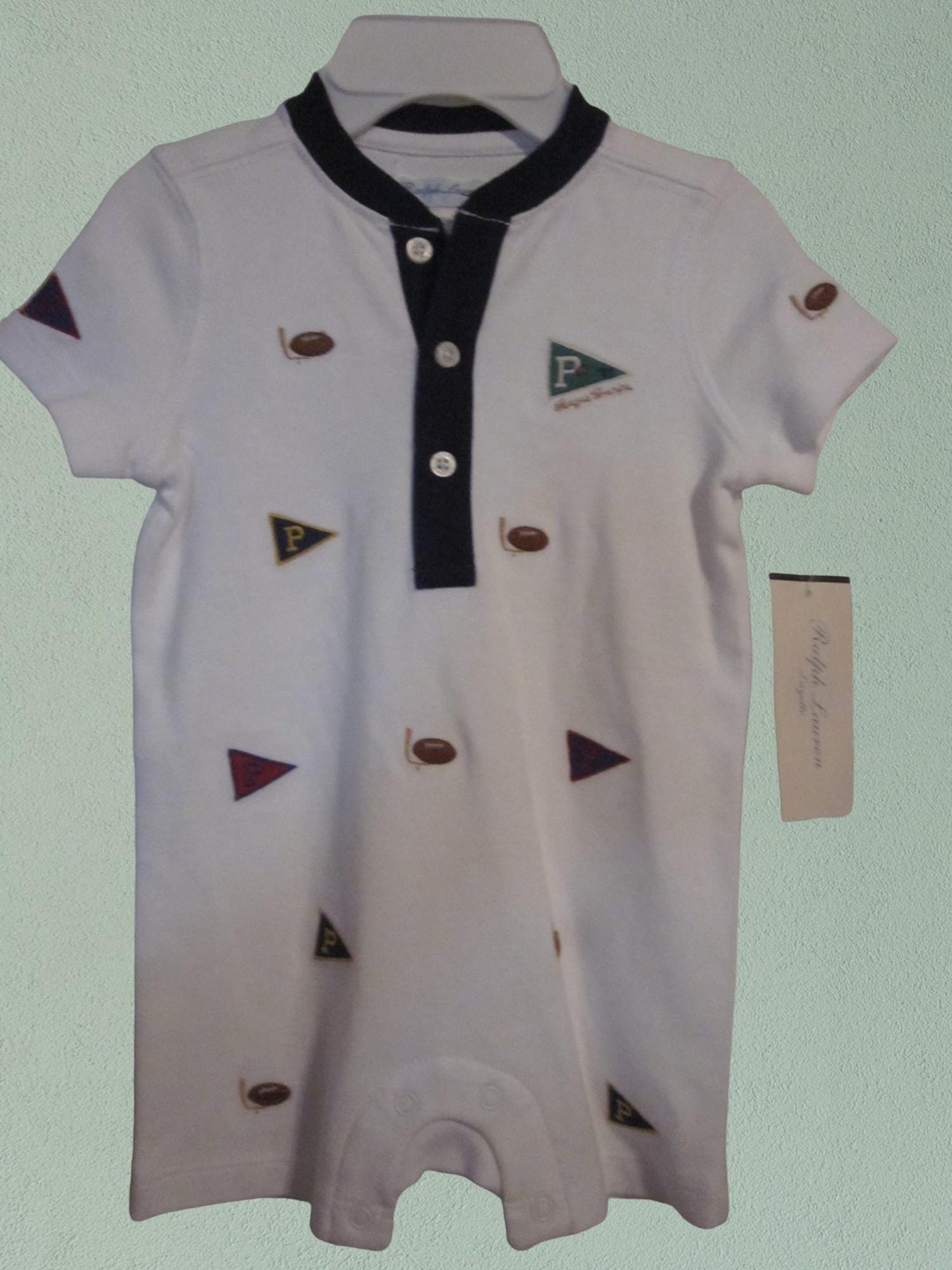 NWT RALPH LAUREN Pennants & Footballs Boy's Size 3M Short Sleeve Outfit ...