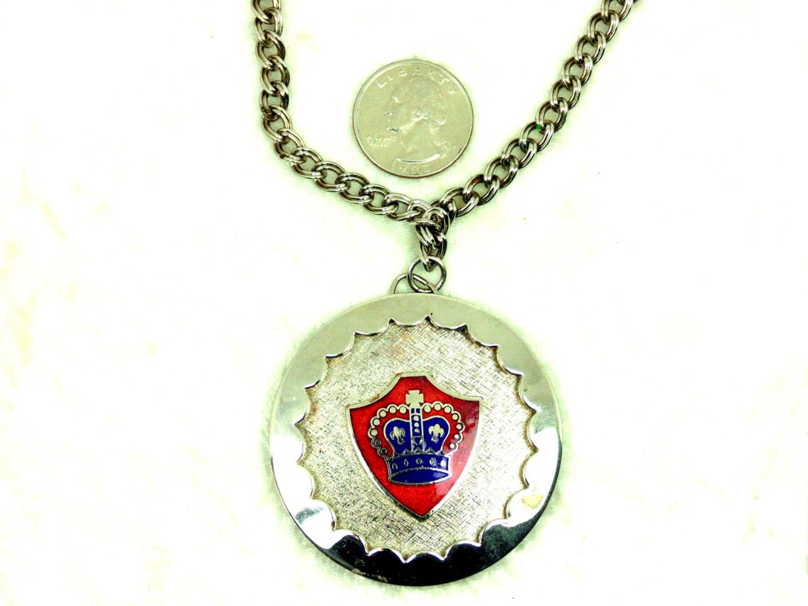 Heraldic Medallion Pendant Necklace With Red Shield, Blue Crown, Silver ...