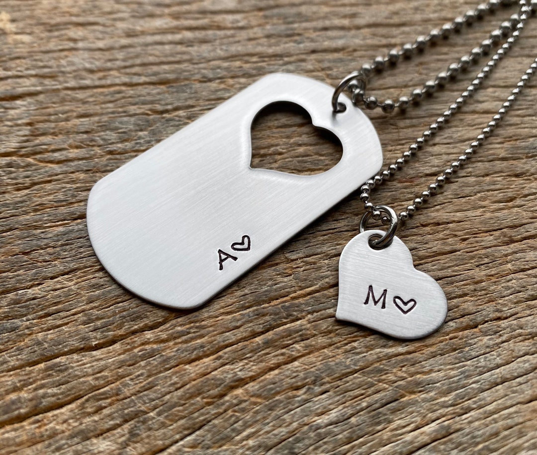 Initial Only Couples Necklace Set Dog Tag With Heart Cutout Hand ...