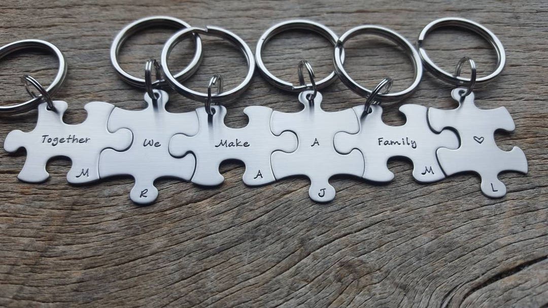 Personalized Hand Stamped Set of 6 Puzzle Piece Key Chainsset Together ...