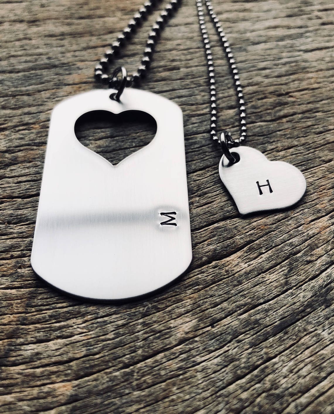 Initial Only Couples Necklace Set Dog Tag With Heart Cutout Hand ...