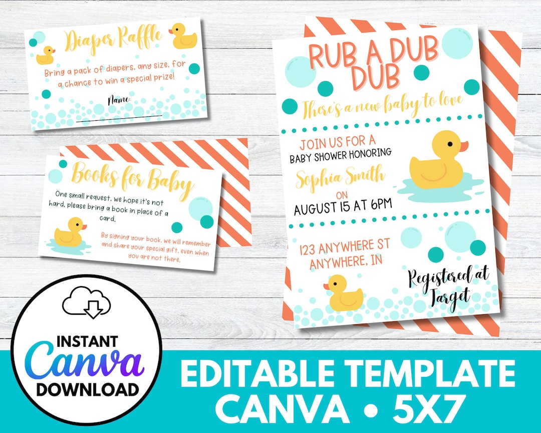 Editable Rubber Ducky Baby Shower Invitation - Diaper Raffle - Books ...