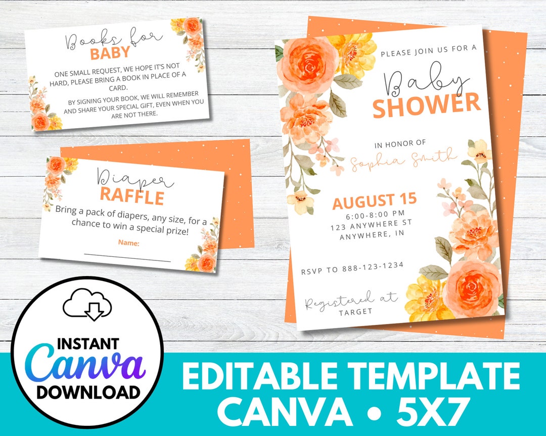 Editable Floral Baby Shower Invitation - Diaper Raffle - Books for Baby ...