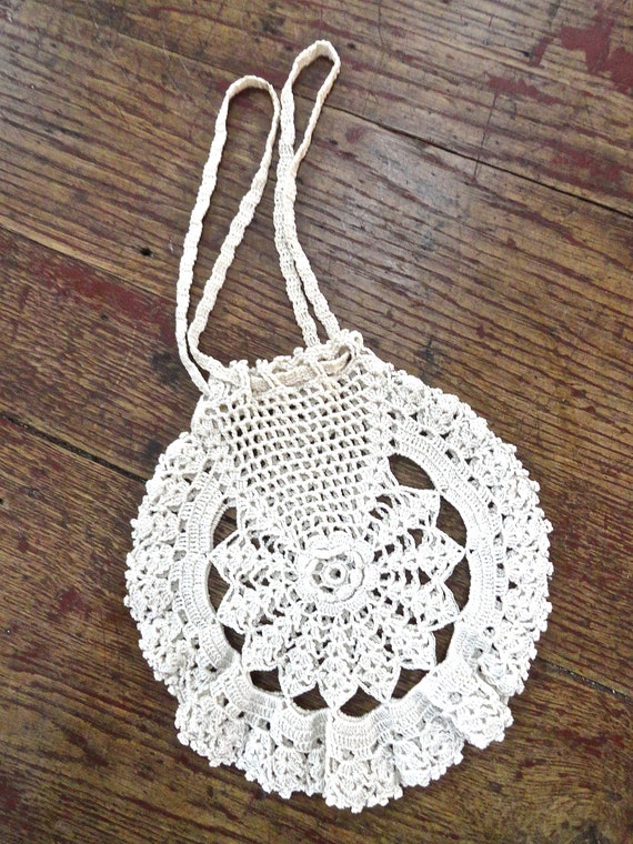 VINTAGE RETICULE cotton crochet drawstring communion … - Gem