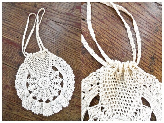 VINTAGE RETICULE cotton crochet drawstring communion … - Gem
